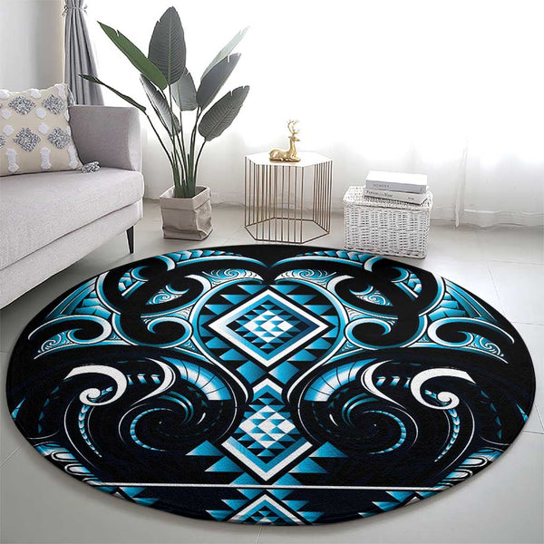 Blue Ngaru Taniko With Aotearoa Maori Tattoo Round Carpet LT14