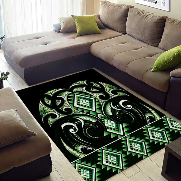 Green Ngaru Taniko With Aotearoa Maori Tattoo Area Rug LT14