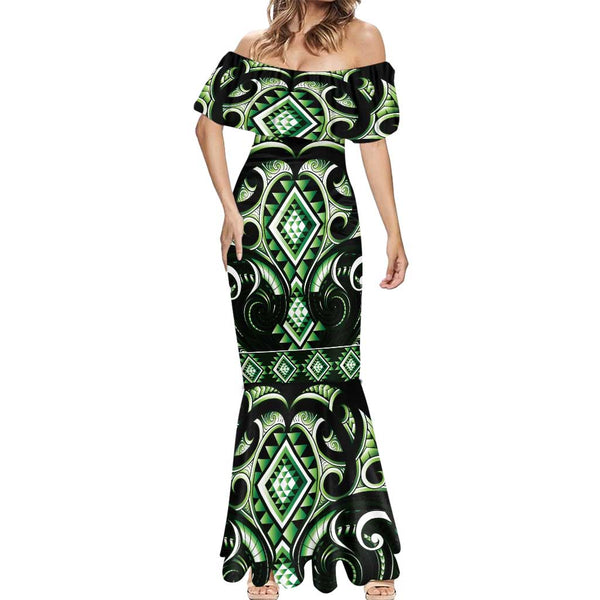 Green Ngaru Taniko With Aotearoa Maori Tattoo Mermaid Dress LT14