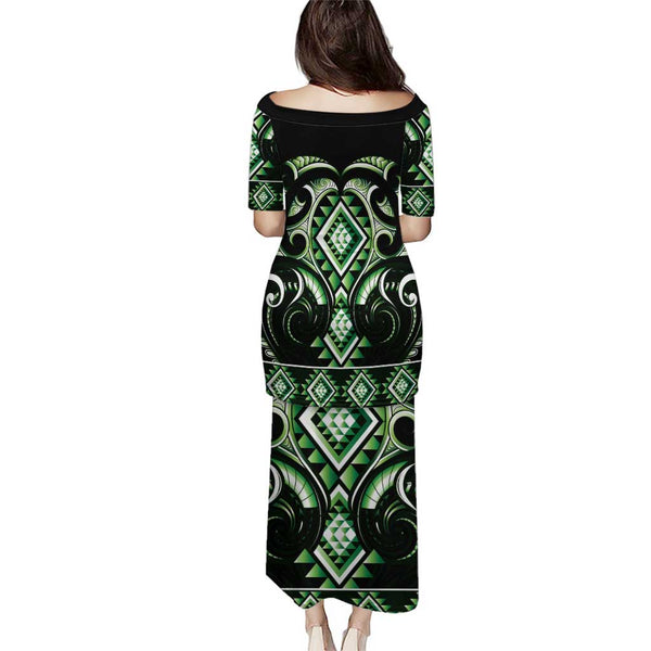 Green Ngaru Taniko With Aotearoa Maori Tattoo Puletasi LT14