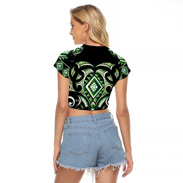 Green Ngaru Taniko With Aotearoa Maori Tattoo Raglan Cropped T Shirt LT14