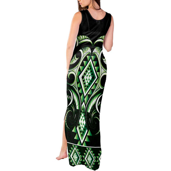 Green Ngaru Taniko With Aotearoa Maori Tattoo Tank Maxi Dress LT14