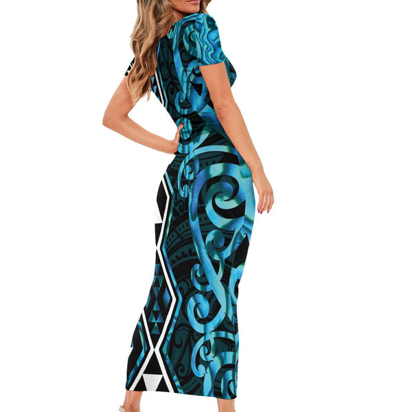 Turquoise Aotearoa Short Sleeve Bodycon Dress Taniko Motifs With Paua ...