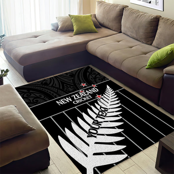 Custom New Zealand Silver Fern Cricket Area Rug Aotearoa Maori Go Black ...