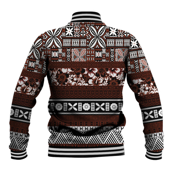 Bula Fiji Baseball Jacket Fijian Tapa Masi With Hibiscus Flowers LT14