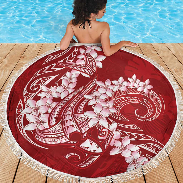 Red Polynesia Hammerhead Shark Tattoo With Plumeria Lei Beach Blanket LT14