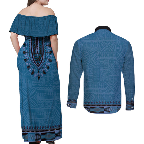 Blue African Dashiki With Fijian Tapa Pattern Couples Matching Off ...