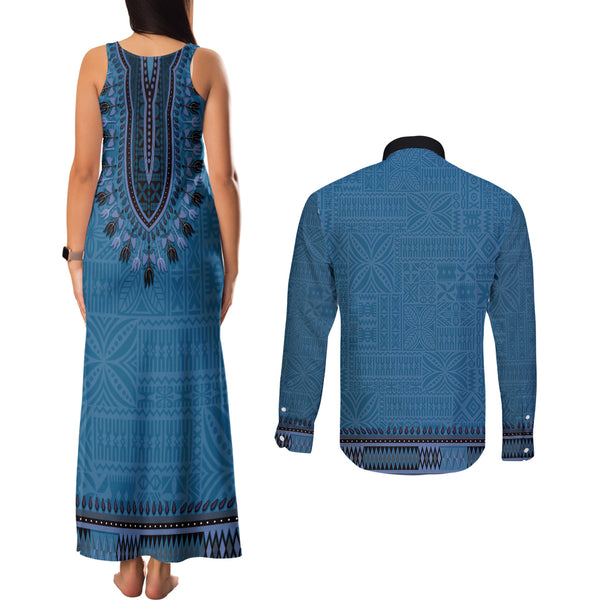 Blue African Dashiki With Fijian Tapa Pattern Couples Matching Tank ...