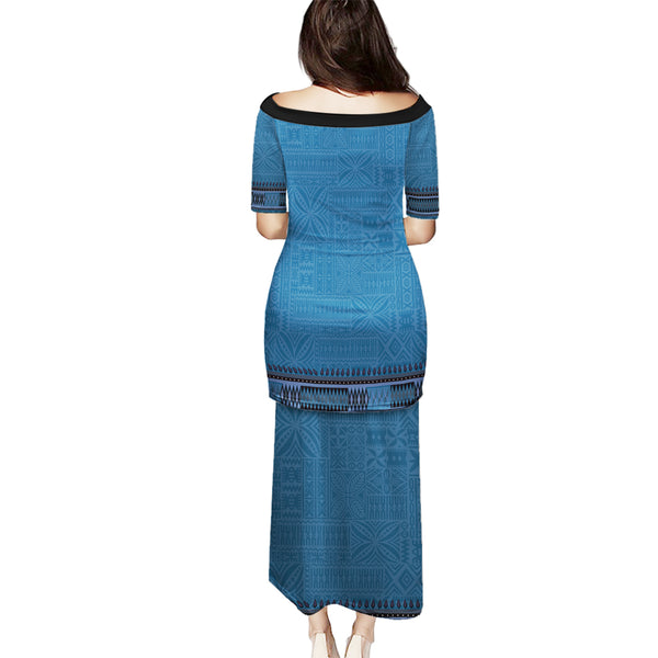 Blue African Dashiki With Fijian Tapa Pattern Puletasi LT14