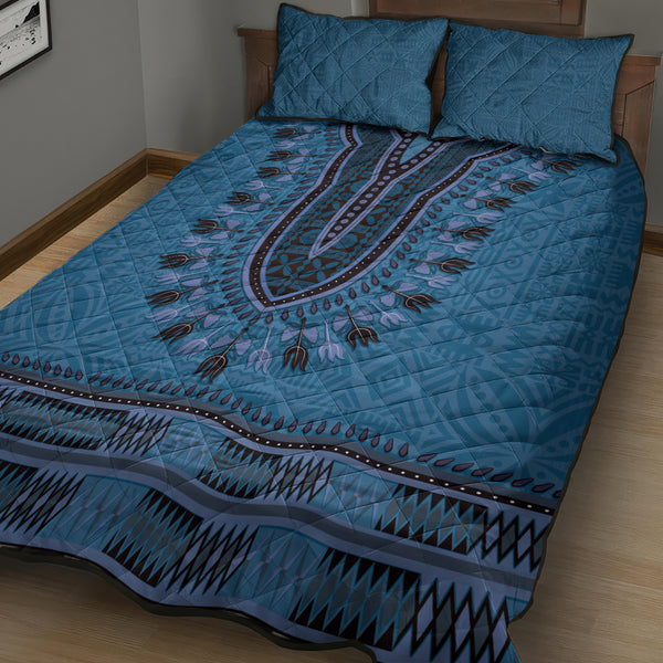 Blue African Dashiki With Fijian Tapa Pattern Quilt Bed Set LT14