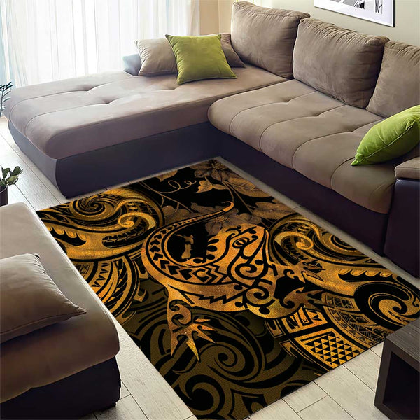 New Zealand Tuatara Area Rug Aotearoa Maori Clematis Flowers - Gold LT14