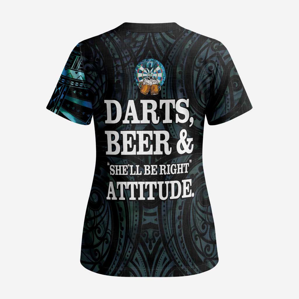 Personalized New Zealand Darts Beer Scrub Top Paua Shell Aotearoa Maori ...
