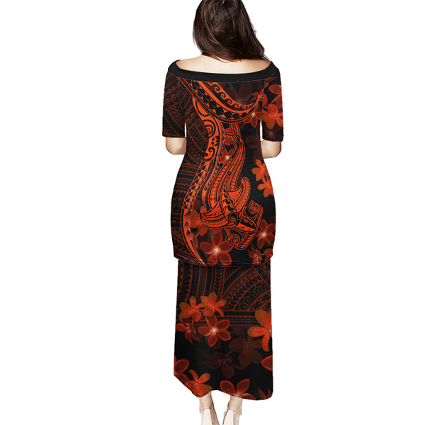 Red Polynesia Puletasi Shark Tattoo With Polynesian Plumeria LT14