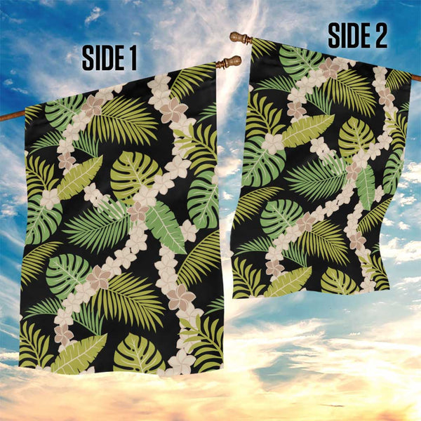 Black Hawaii Plumeria Lei With Tropical Leaves Garden Flag LT14