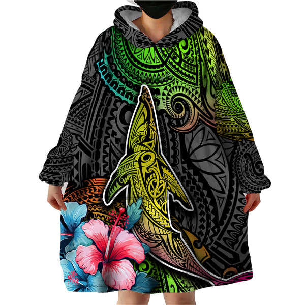 Polynesian Wearable Blanket Hoodie Whales and Compass Gradient Pattern TS04