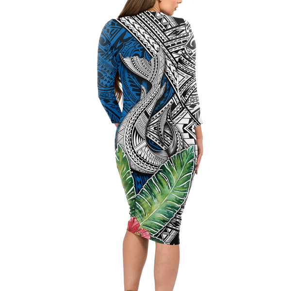 Polynesian Long Sleeve Bodycon Dress Whale Pattern and Hibiscus Flowers ...