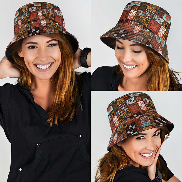 Vintage Hawaiian Quilting Patterns Bucket Hat Brown Style Tribal Fabric ...