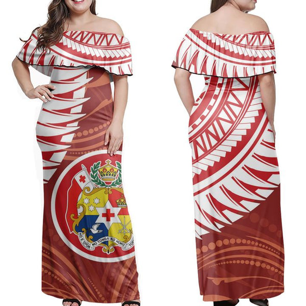 Sila Tonga Polynesian Wing Red Off Shoulder Long Dress