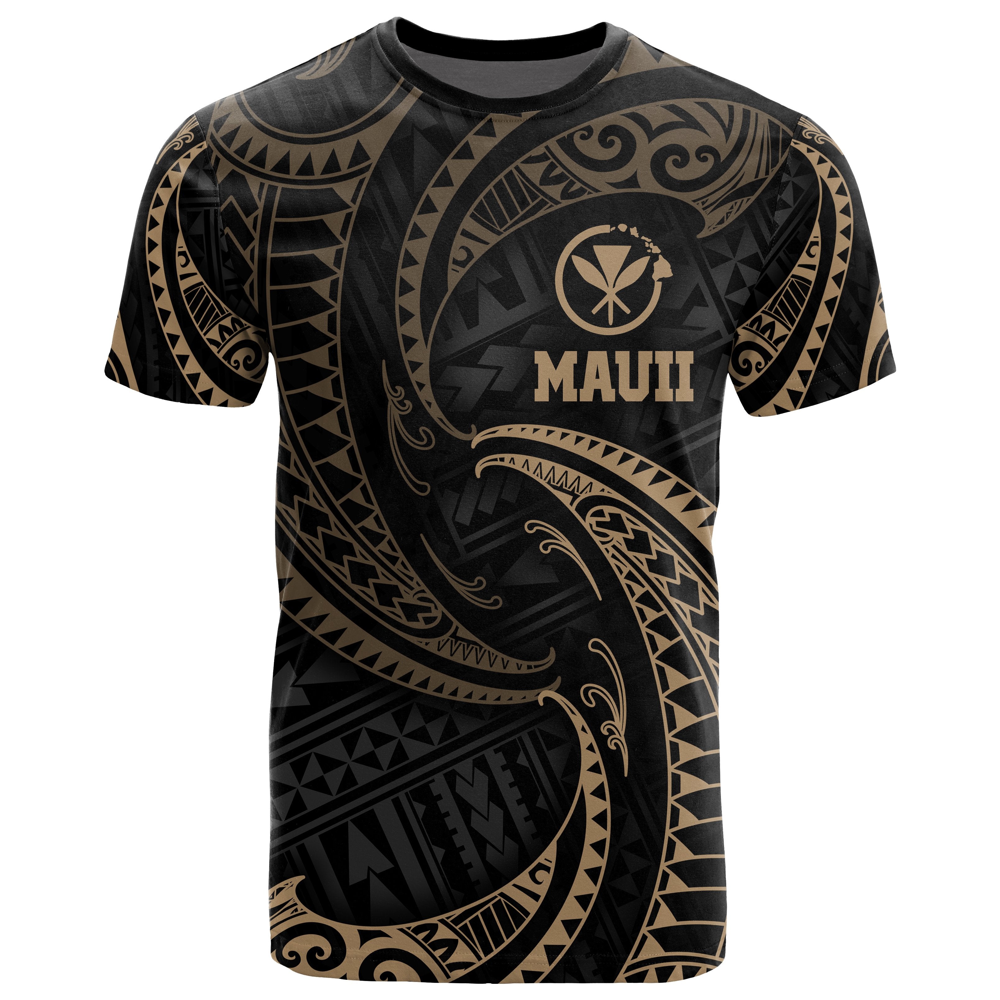 Hawaii Maui Polynesia T Shirt Gold Tribal Wave