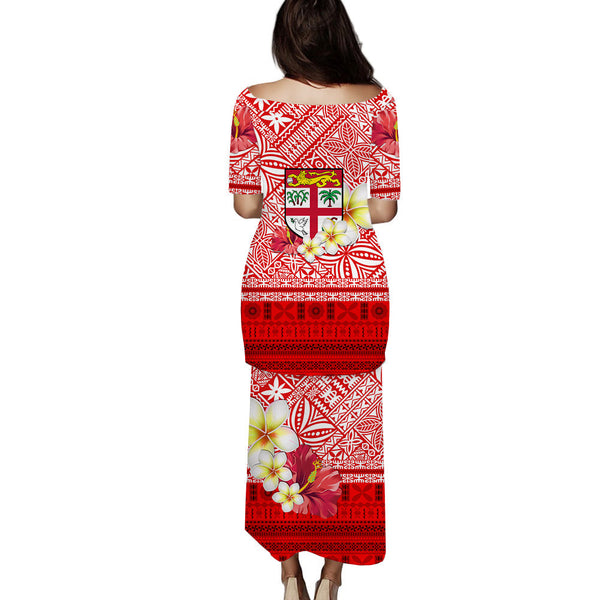 (Custom Personalised) Fiji Puletasi Dress Red Tapa Pattern Fijian ...
