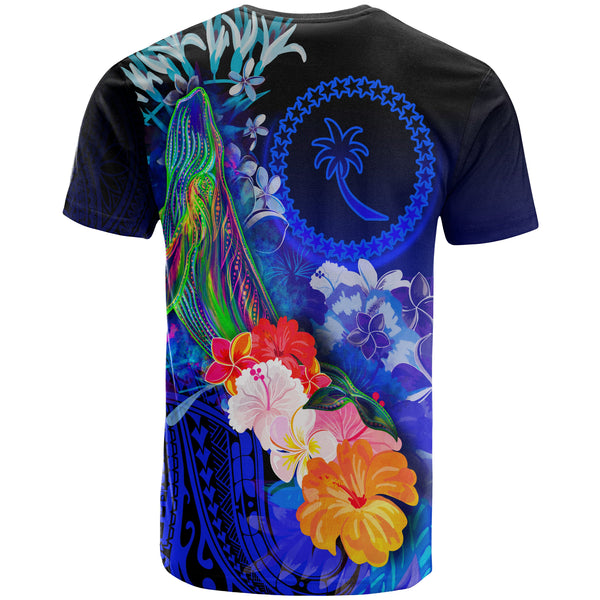 Chuuk T Shirt Humpback Whale with Tropical Flowers (Blue)