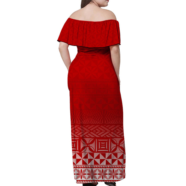 Tonga Off Shoulder Long Dress - Tongan Pattern Red - LT12