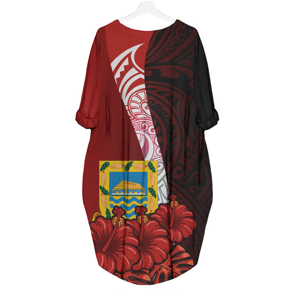 Tuvalu Polynesian Batwing Pocket Dress - Hibiscus With Coat Of Arm