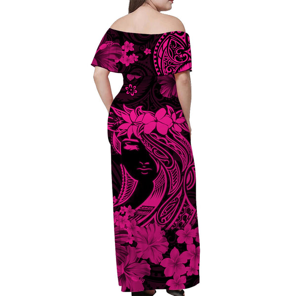 Hawaii Off Shoulder Long Dress Polynesia Pink Attractive Hula Girl LT13