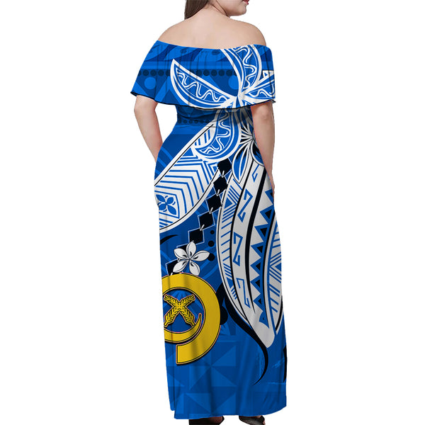 Vanuatu Color Off Shoulder Long Dress Pig Tusk Polynesian Blue LT13