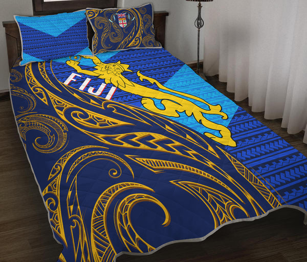 Fiji Quilt Bed Set - Flag's Color With Gold Polynesian Pattern - LT20