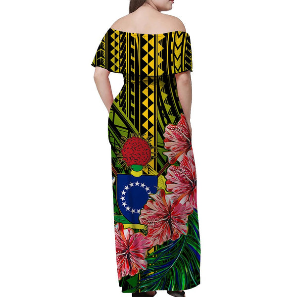 Cook Islands Off Shoulder Long Dress Polynesian Pattern and Hibiscus ...