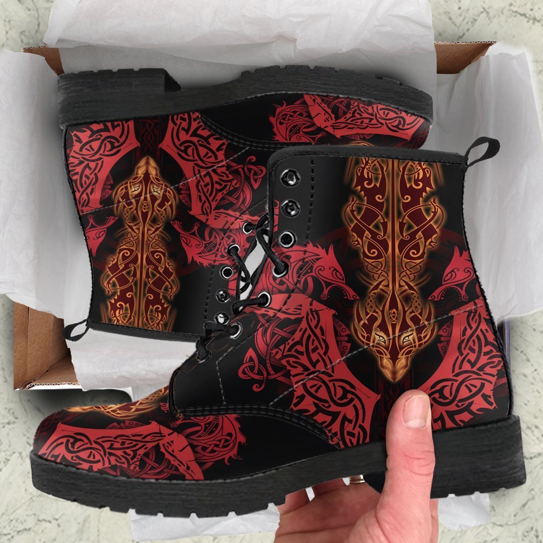 Celtic Dragon Leather Boots - Dragon Sword, Cross Patterns