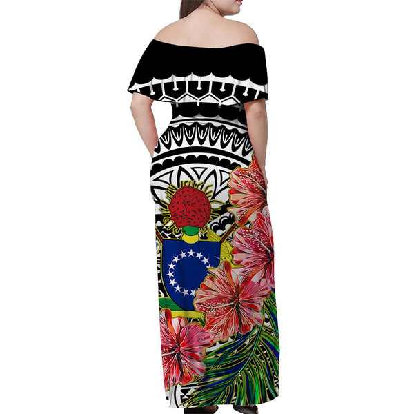 Cook Islands Off Shoulder Long Dress Hibiscus Flowers Style Black LT13