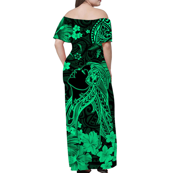 Hawaii Off Shoulder Long Dress Polynesia Green Beautiful Hula Girl LT13