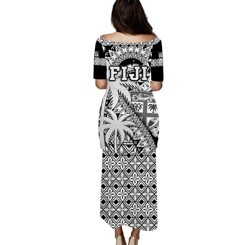 Fiji Coat Of Arms Puletasi Dress Masi Tapa Mixed Palm Tree No1 Black ...