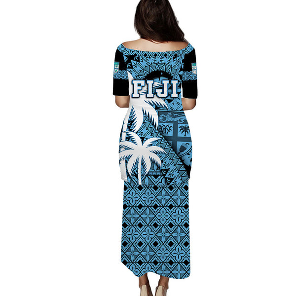 Fiji Coat Of Arms Puletasi Dress Masi Tapa Mixed Palm Tree No1 Blue ...