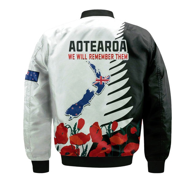 New Zealand ANZAC Day Bomber Jacket Military Silver Ferns and Red Poppy LT9