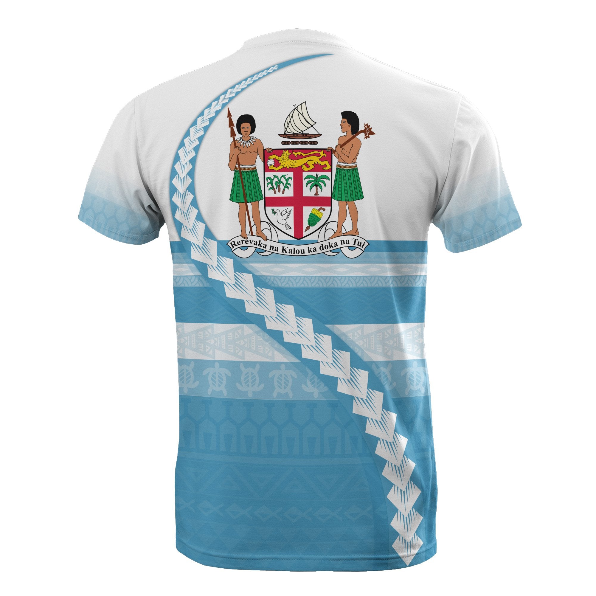 Fiji All Over T Shirt Fiji Coat of Arms Tribal Line White Blue