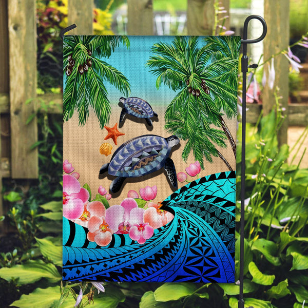 Polynesian Turtle Coconut Tree And Orchids Flag LT14