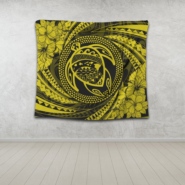 Hawaiian Kanaka Honu Hibiscus Tornando Polynesian Yellow Tapestry - AH