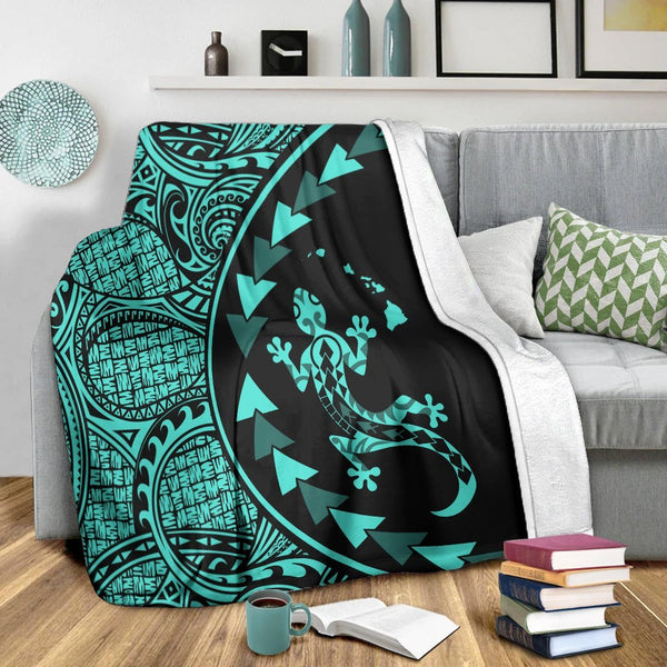 Hawaiian Map Gecko Tattoo Kakau Polynesian Premium Blankets Turquoise AH