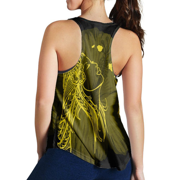 Hawaiian Map Heart Hula Girl Hibiscus Yellow Polynesian Racerback Tank - AH
