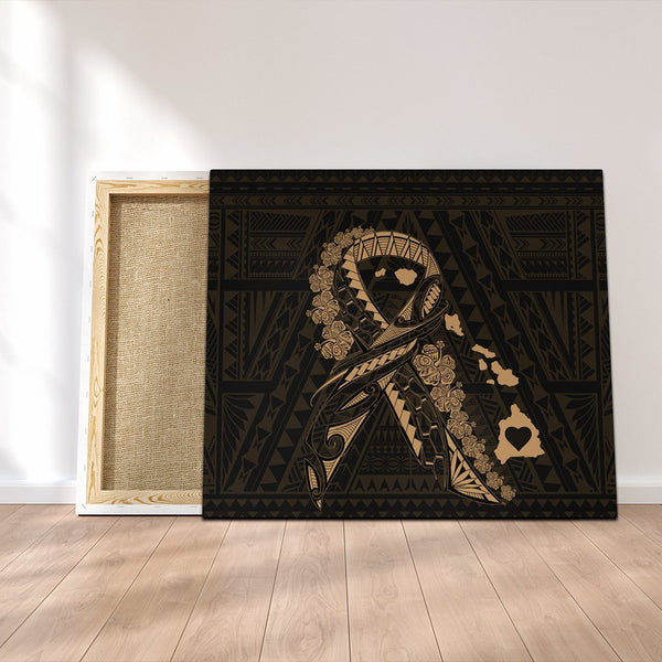 Hawaiian Map Heart Ribbon Cancer Hibiscus Gold Polynesian Canvas - AH