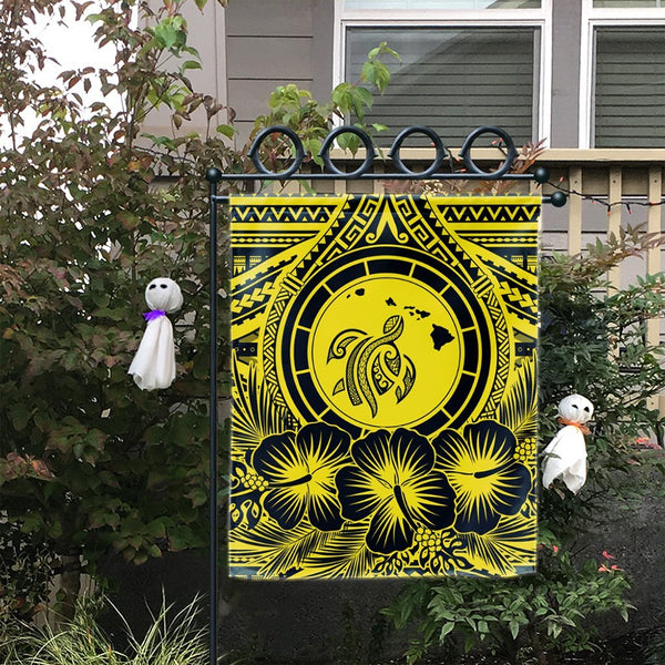 Hawaiian Map Honu Hibiscus Tropic Yellow Polynesian Flag - AH