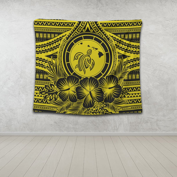 Hawaiian Map Honu Hibiscus Tropic Yellow Polynesian Tapestry - AH