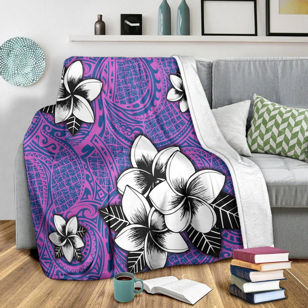 Hawaiian Plumeria Tribal Pink Polynesian Premium Blankets Blue AH