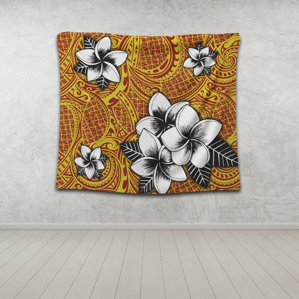 Hawaiian Plumeria Tribe Yellow Red Polynesian Tapestry AH