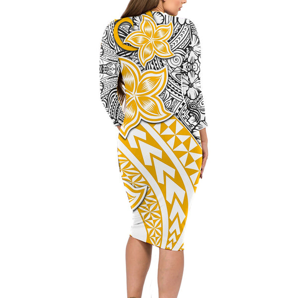Traditional Polynesian Tribal Tattoo Retro Long Sleeves Dress Yellow LT9