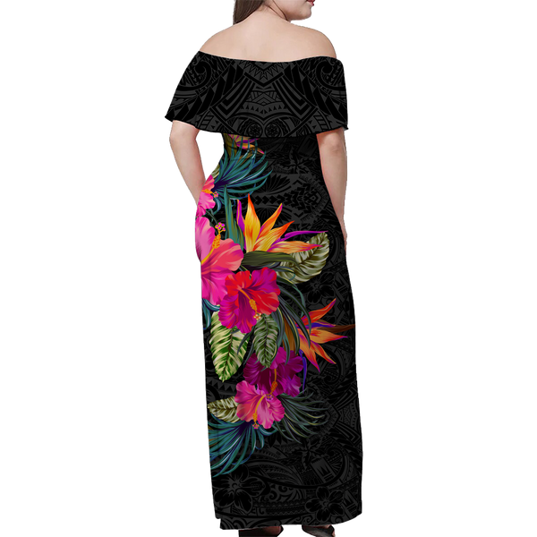 Nauru Hibiscus Polynesian Tribal Women Off Shoulder Long Dress - LT12