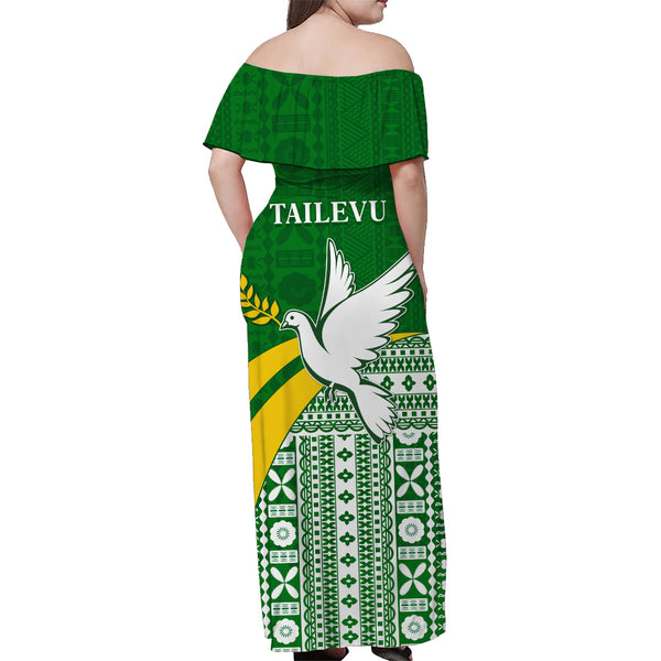 Tailevu Rugby Off Shoulder Long Dress Fiji Rugby Tapa Pattern Green LT13